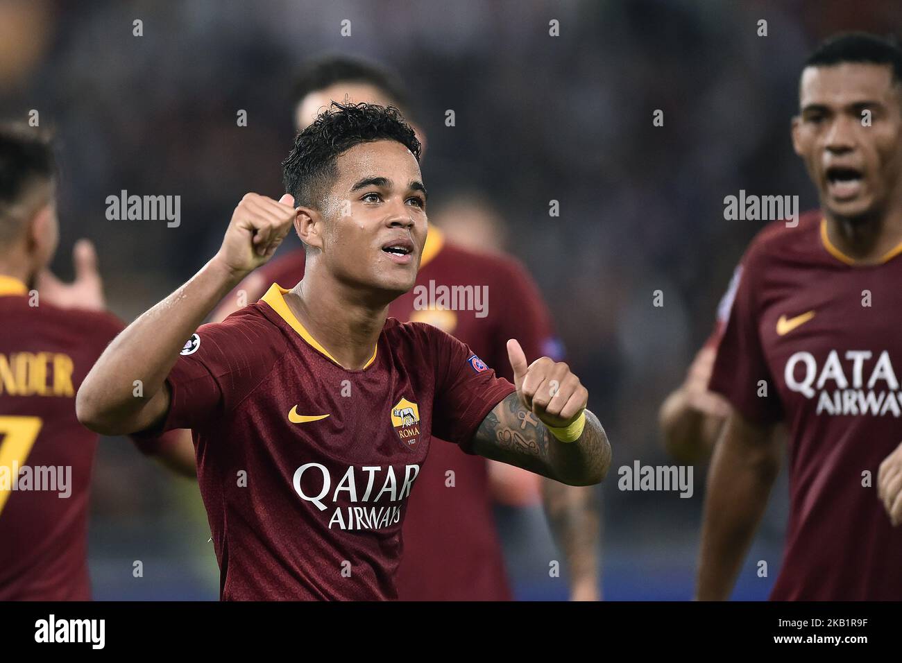 Justin Kluivert of AS Roma celebrates scoring fourth goal during the ...