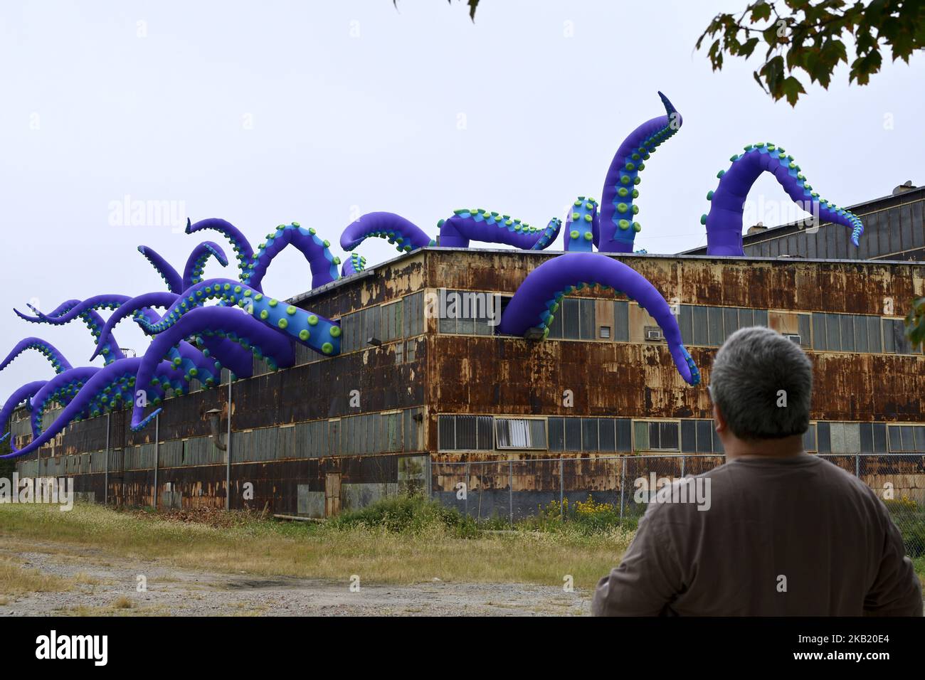 Spectators interact with the inflatable tentacles of a commissioned art ...