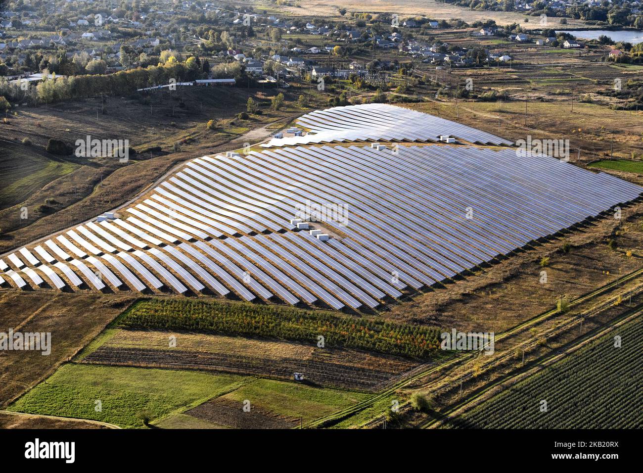 Aerial view on Solar farm, solar panels in central Ukraine on 4 October ...