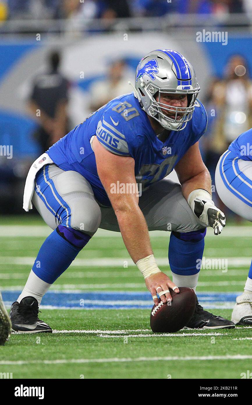 Detroit Lions center Graham Glasgow (60) prepares to snap the ball ...