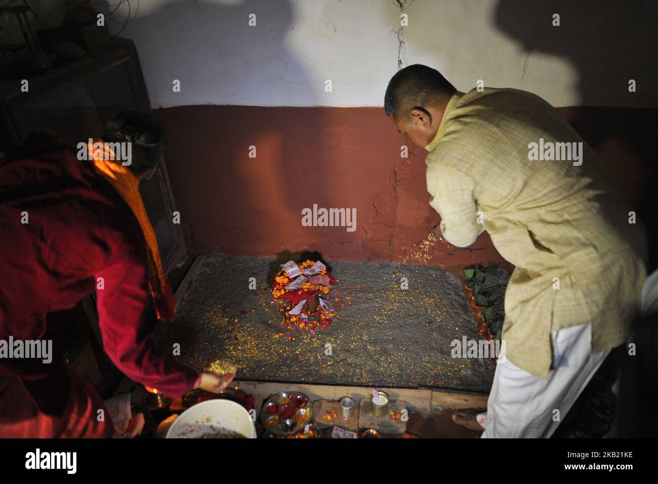 Nepalese Priests spreading barley seeds to grow as 'Jamara', a ...