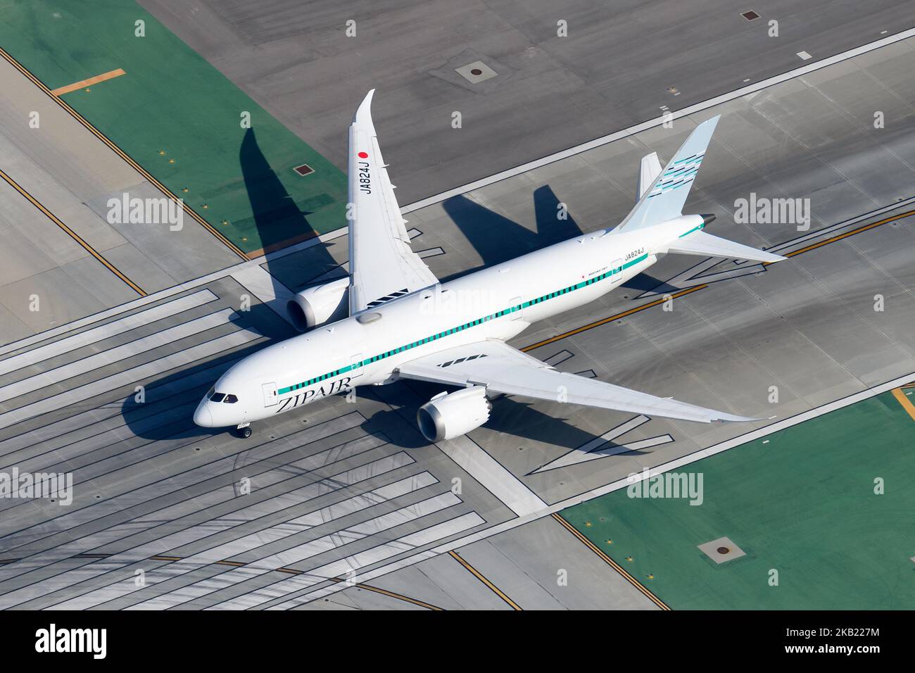 ZIPAIR Boeing 787 aircraft from above on runway. Japanese low-cost ...