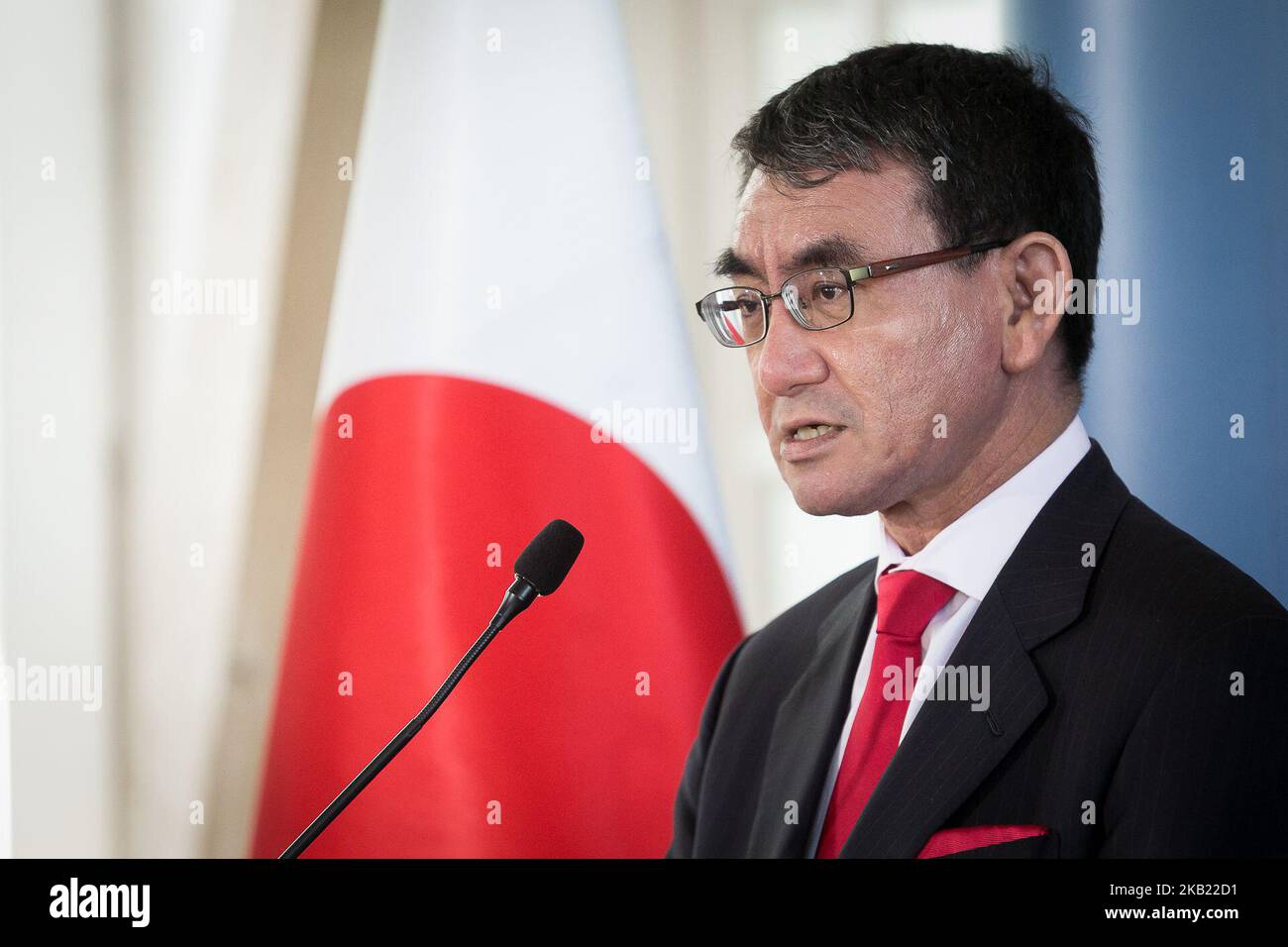 Taro Kono in Warsaw, Poland on 6 July 2018 (Photo by Mateusz Wlodarczyk ...