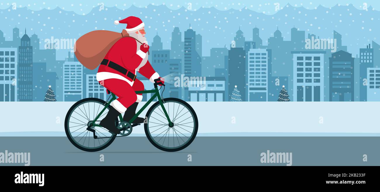 Happy Santa Claus riding a bicycle in the city street and carrying a ...