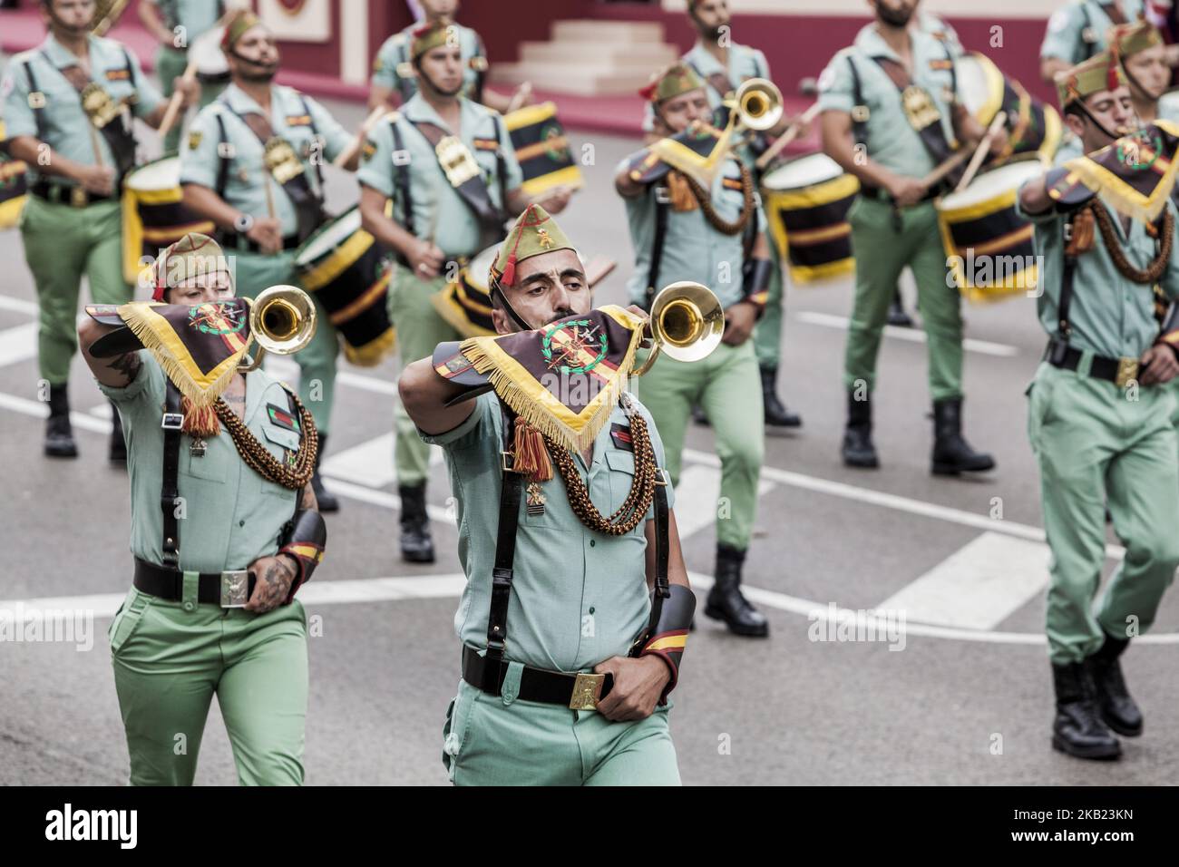 (10/12/2018) Soldiers of the spanish Legion march playing the trumpet ...