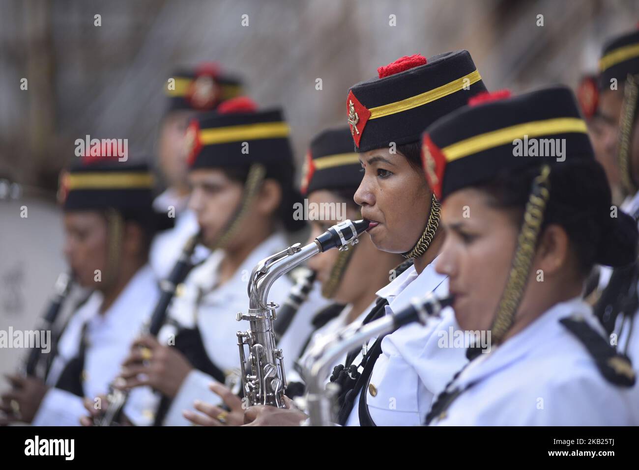 Nepalese Army band members playing traditional instuments on Fulpati ...