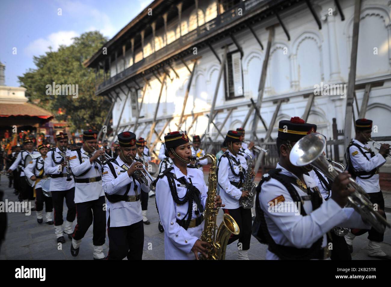 Nepalese Army band members playing traditional instuments on Fulpati ...