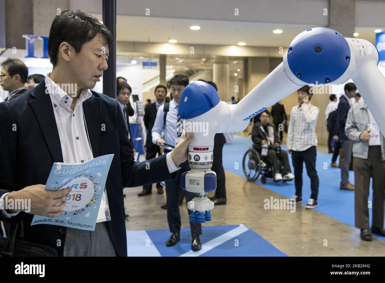 The hand of an industrial robot during the Japan Robot Week 2018 at Tokyo Big Sight on October ...