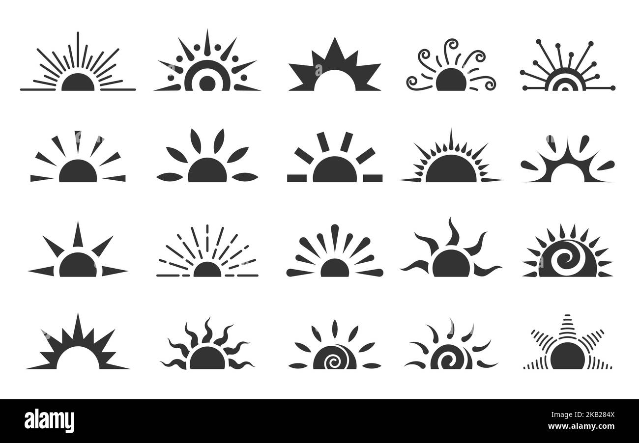 Half sun flat icon set. Sunrise sunset logo isolated on white. Various ...