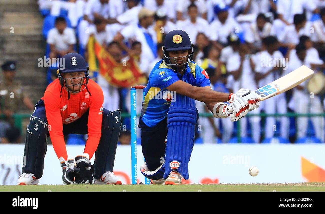 Sri Lankan cricketer Dasun Shanaka plays a shot during the 4th One Day ...