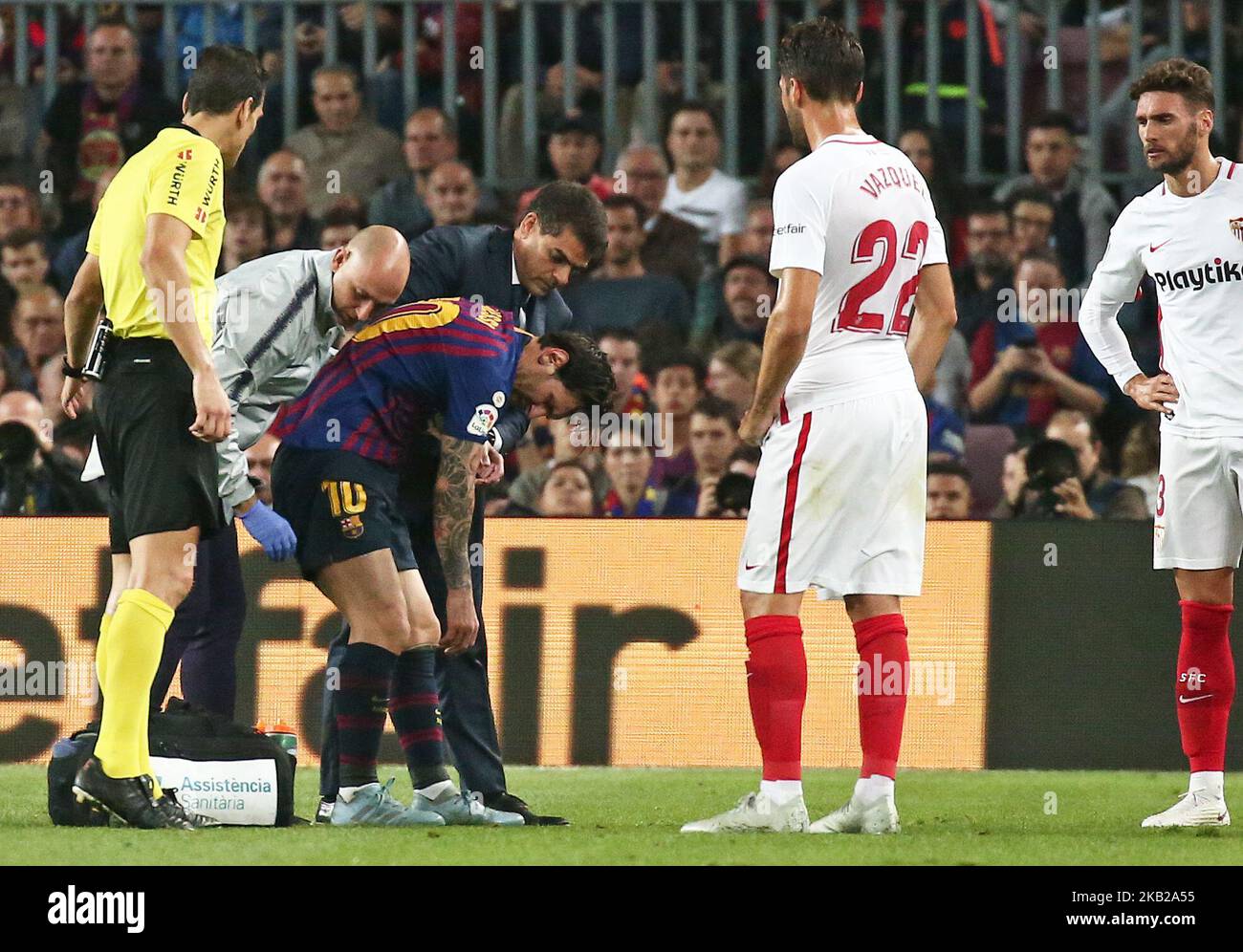 Leo Messi is injured during the match between FC Barcelona and Sevilla ...