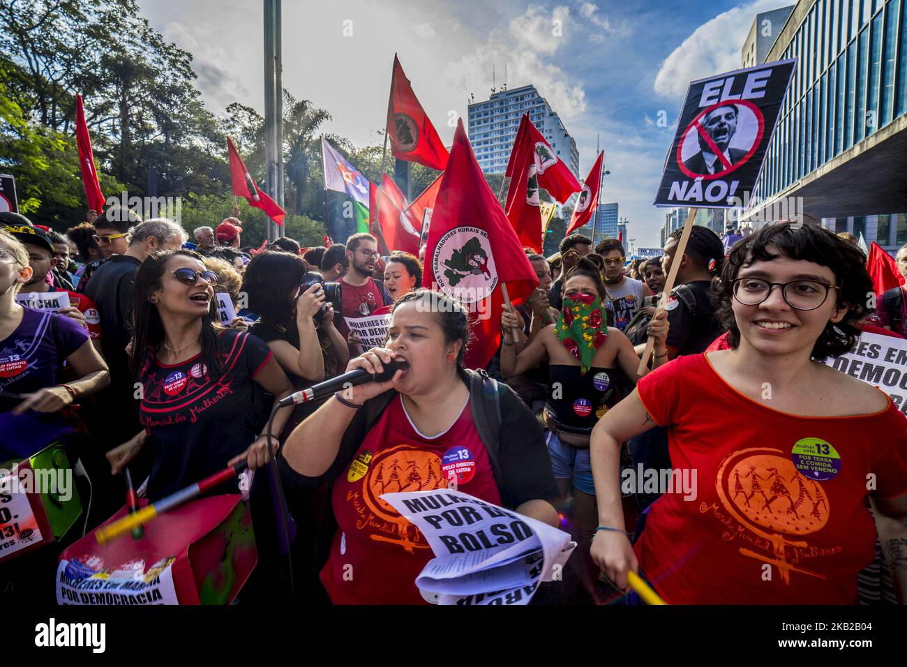 Demonstrators take part in a protest against Brazilian right-wing ...