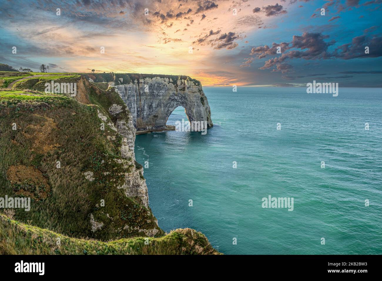 The famous cliff at Etretat in Normandy, France. Beautiful sunset ...