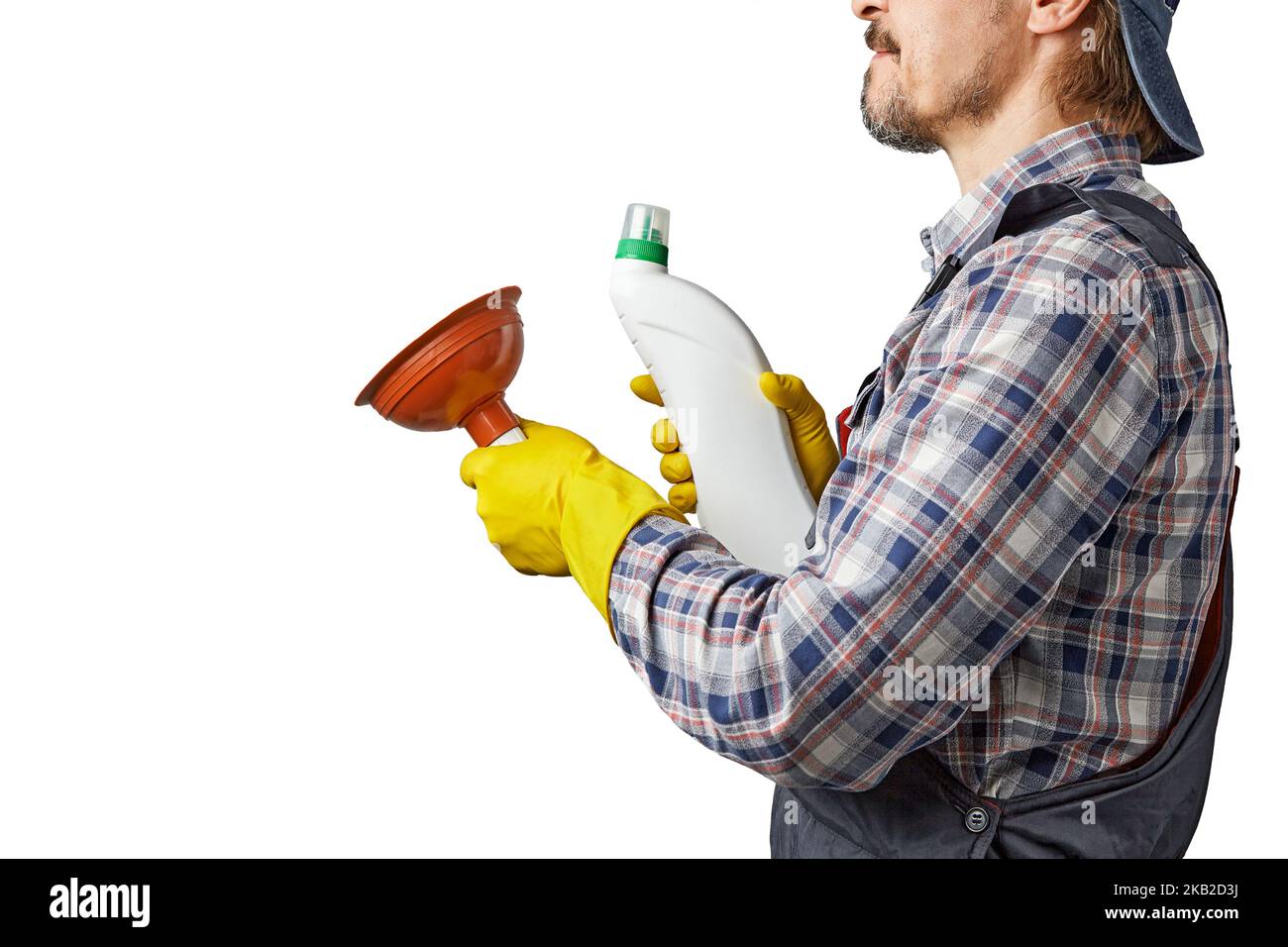 Caucasian man with a mustache and beard in overalls holds a plunger and ...