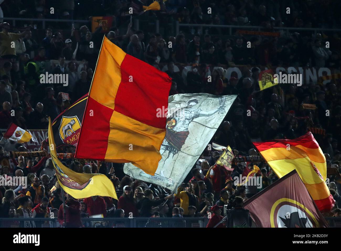 Rome, . 03rd Nov, 2022. Rome, Italy 03.11.2022: Flags of Roma fans in ...