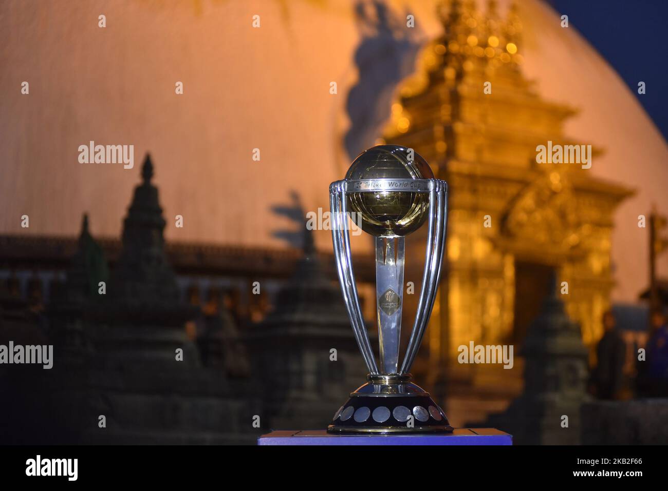The 2019 ICC Cricket World Cup trophy is pictured infront Swayambhunath ...