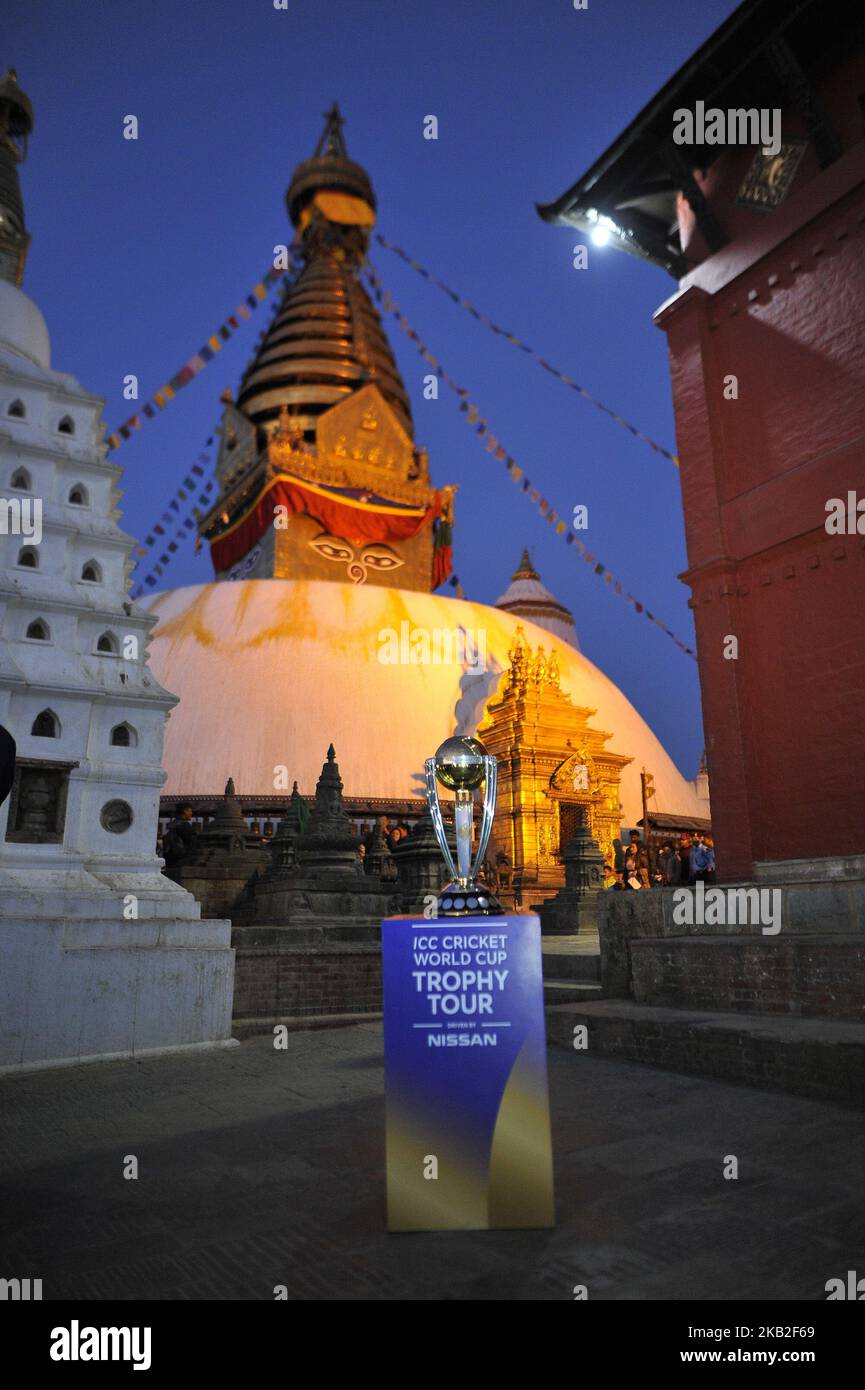 The 2019 ICC Cricket World Cup trophy is pictured infront Swayambhunath ...
