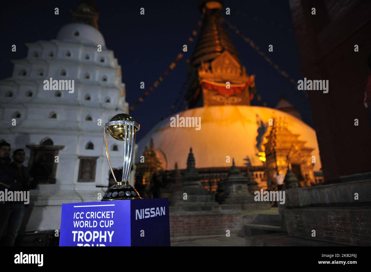 The 2019 ICC Cricket World Cup trophy is pictured infront Swayambhunath ...