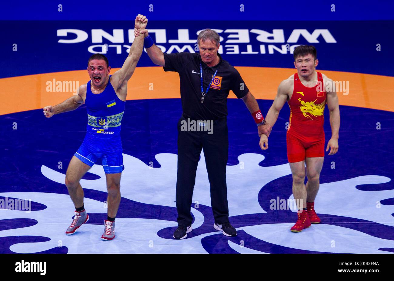 Ukrain’s Lenur Temirov celebrates after the final of men’s Greco Roman ...