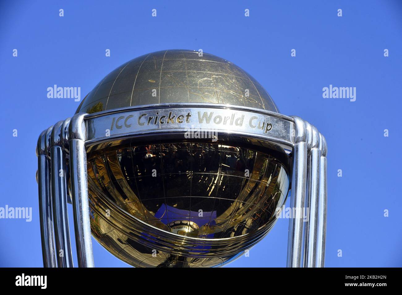 The 2019 ICC Cricket World Cup trophy is pictured infront beautiful ...