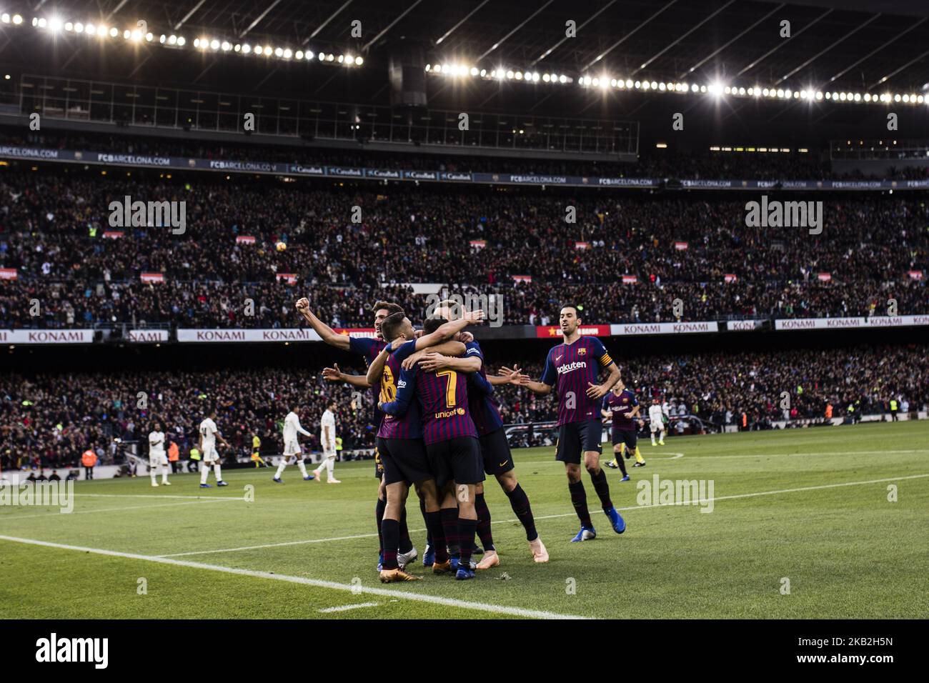 FC Barcelona team celebrating the first goal of the match during the ...