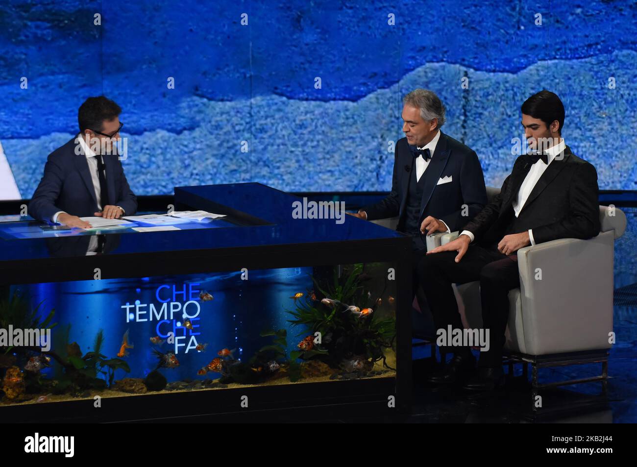 Fabio Fazio (L) and the great Italian singer Andrea Bocelli and his son ...