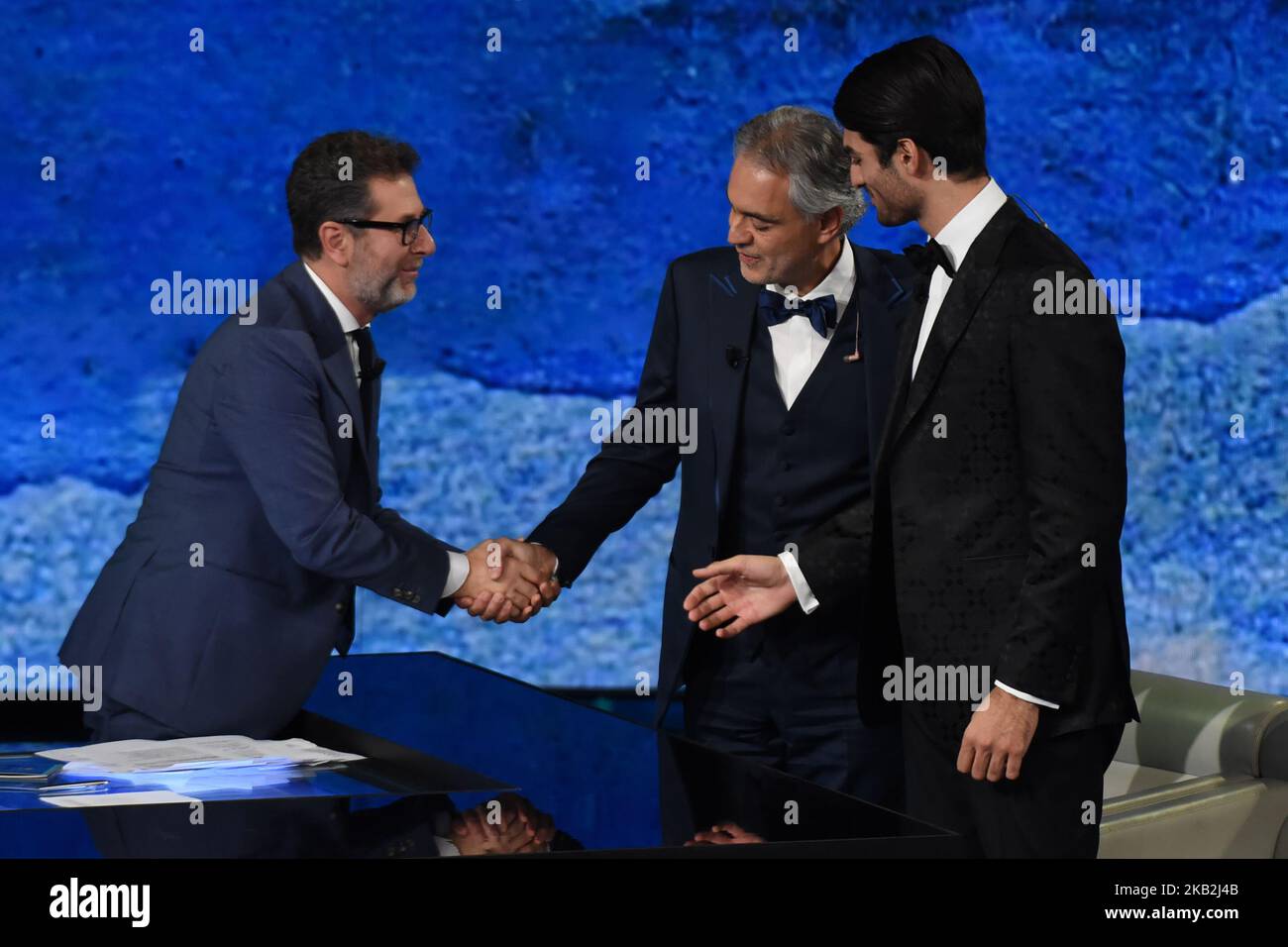 Fabio Fazio (L) and the great Italian singer Andrea Bocelli and his son ...