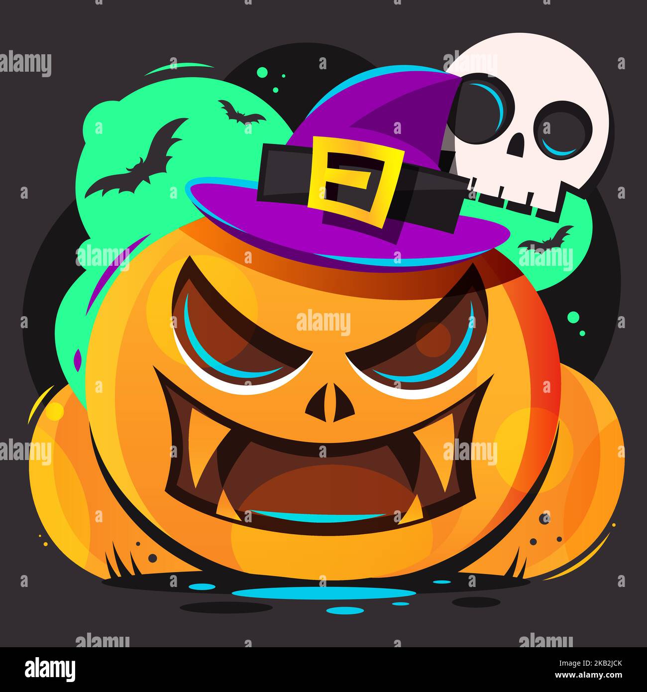 spooky masked man comes out of a pumpkin on halloween night. editable ...
