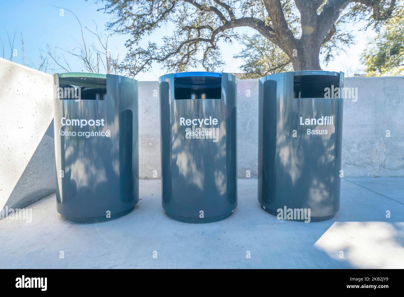 Black trash cans for segregation of wastes at Waterloo Park in Austin ...