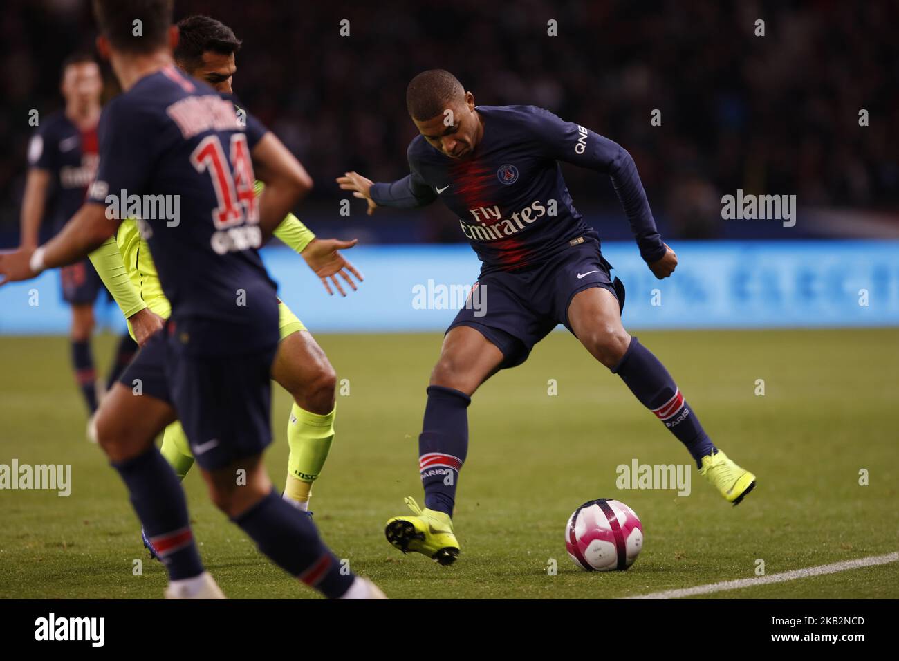 Kylian Mbappe attends the soccer match game between PSG and Lille at ...