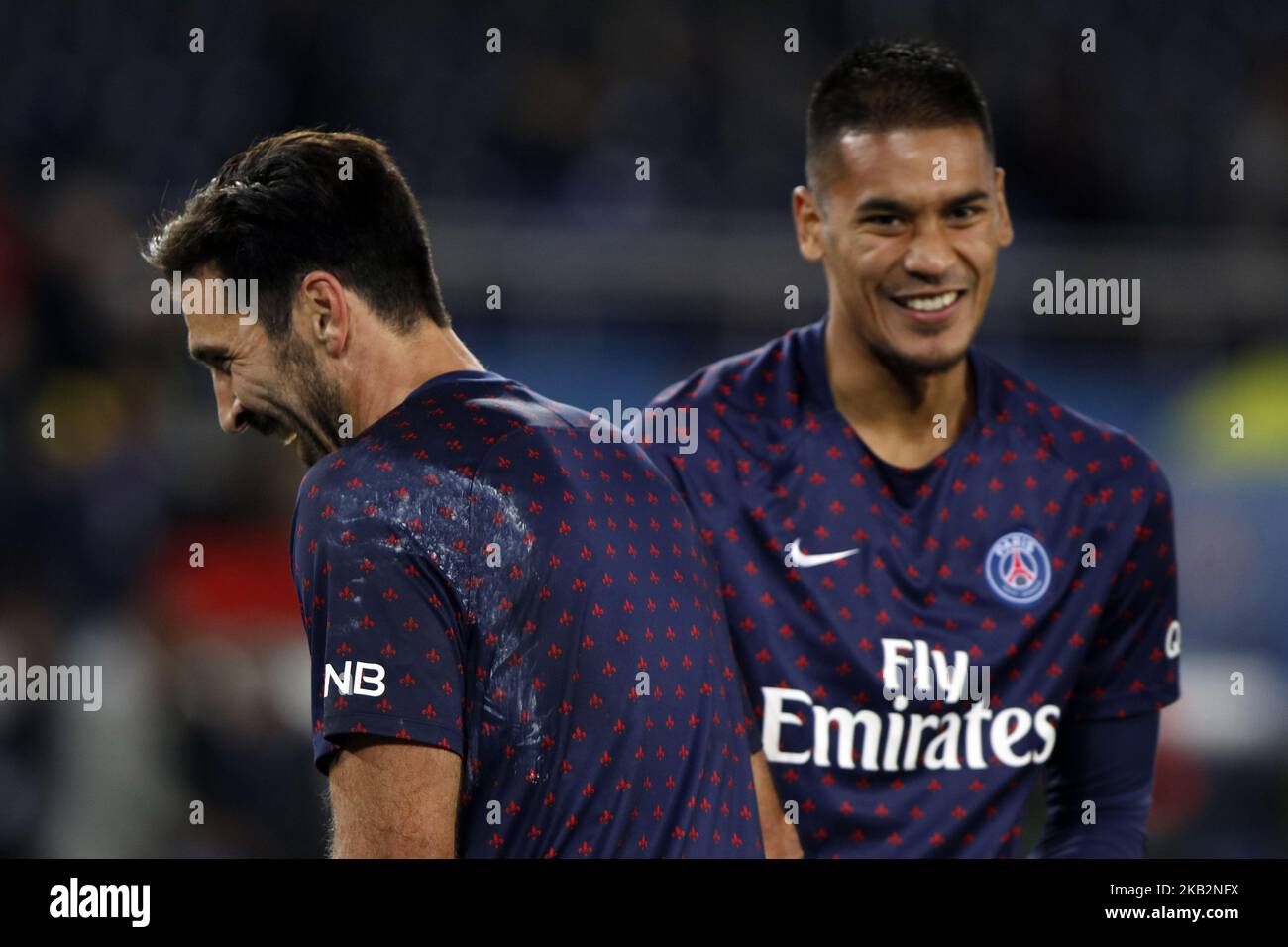 Alphonse Areola and Gianluigi Buffon attend the soccer match game ...