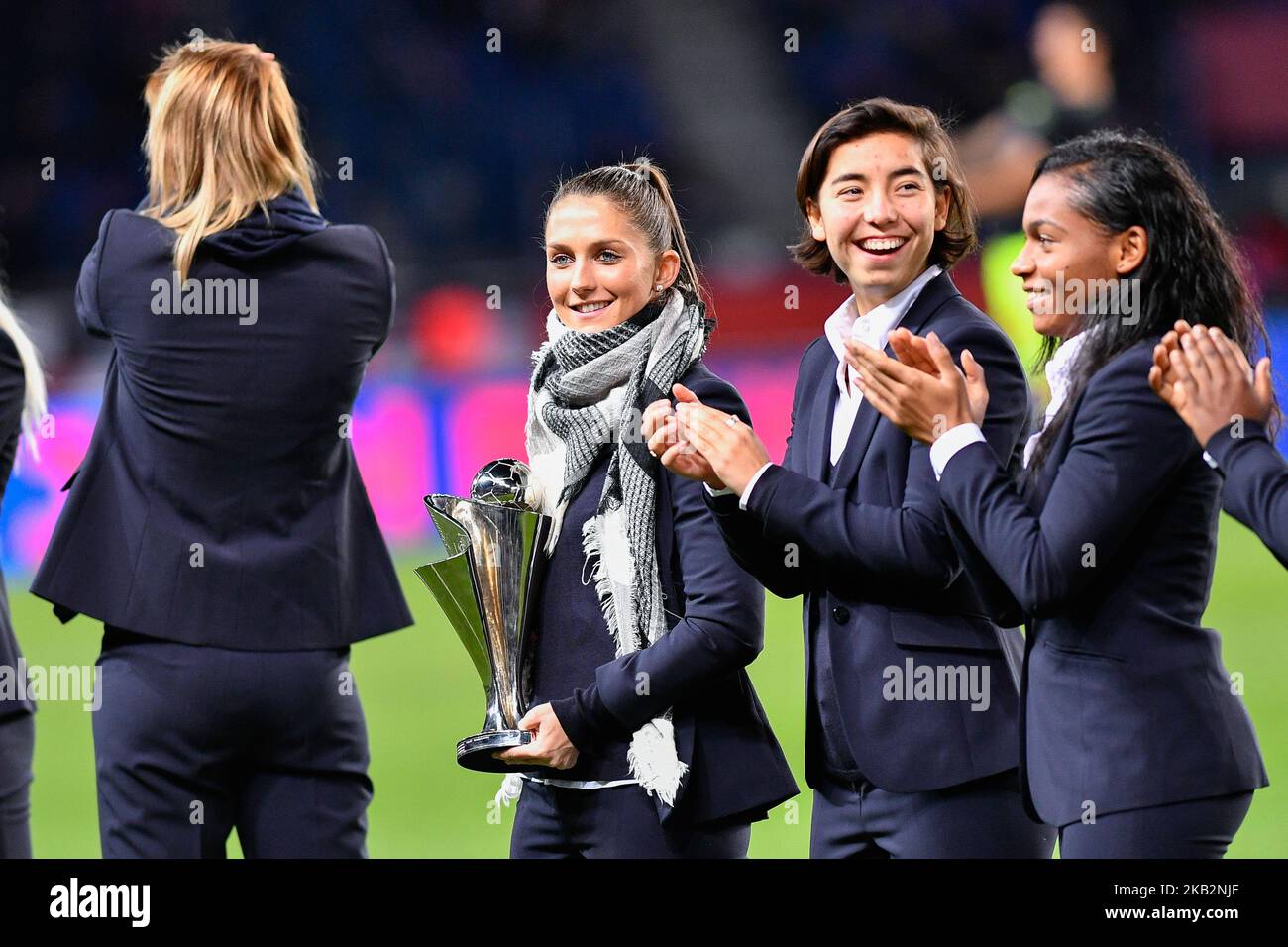 The Paris Saint Germain women's team celebrate the title during the ...