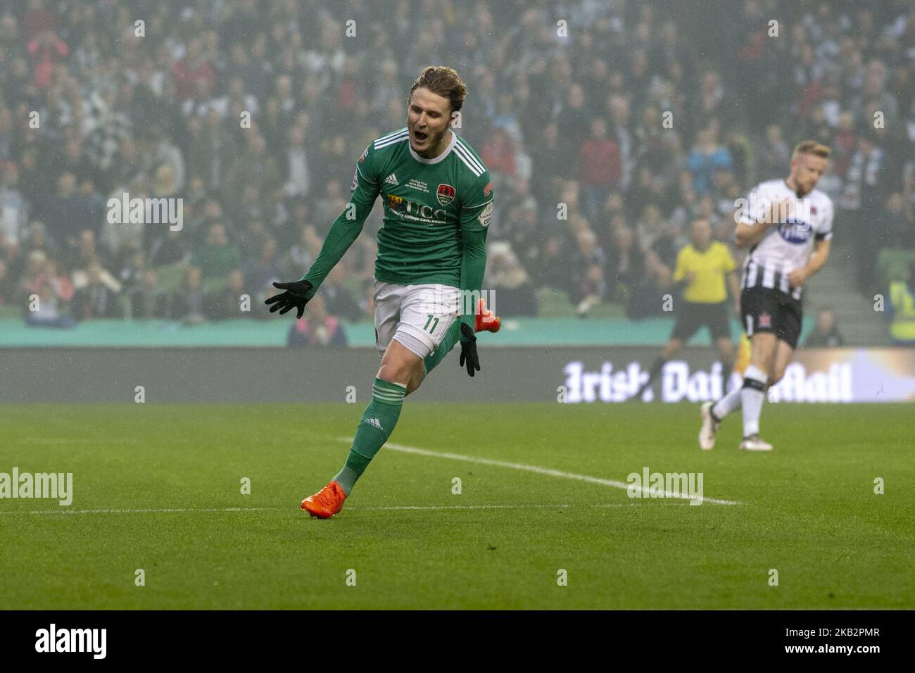 Kieran Sadlier of Cork celebrates the penalty goal during the Irish ...