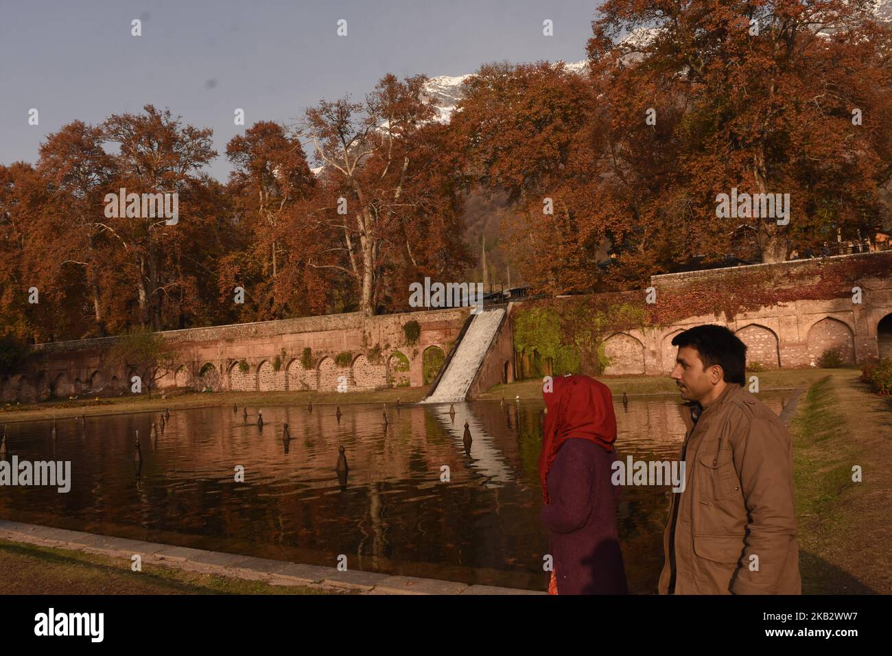 People walk under the Chinar trees which have change their color in the ...