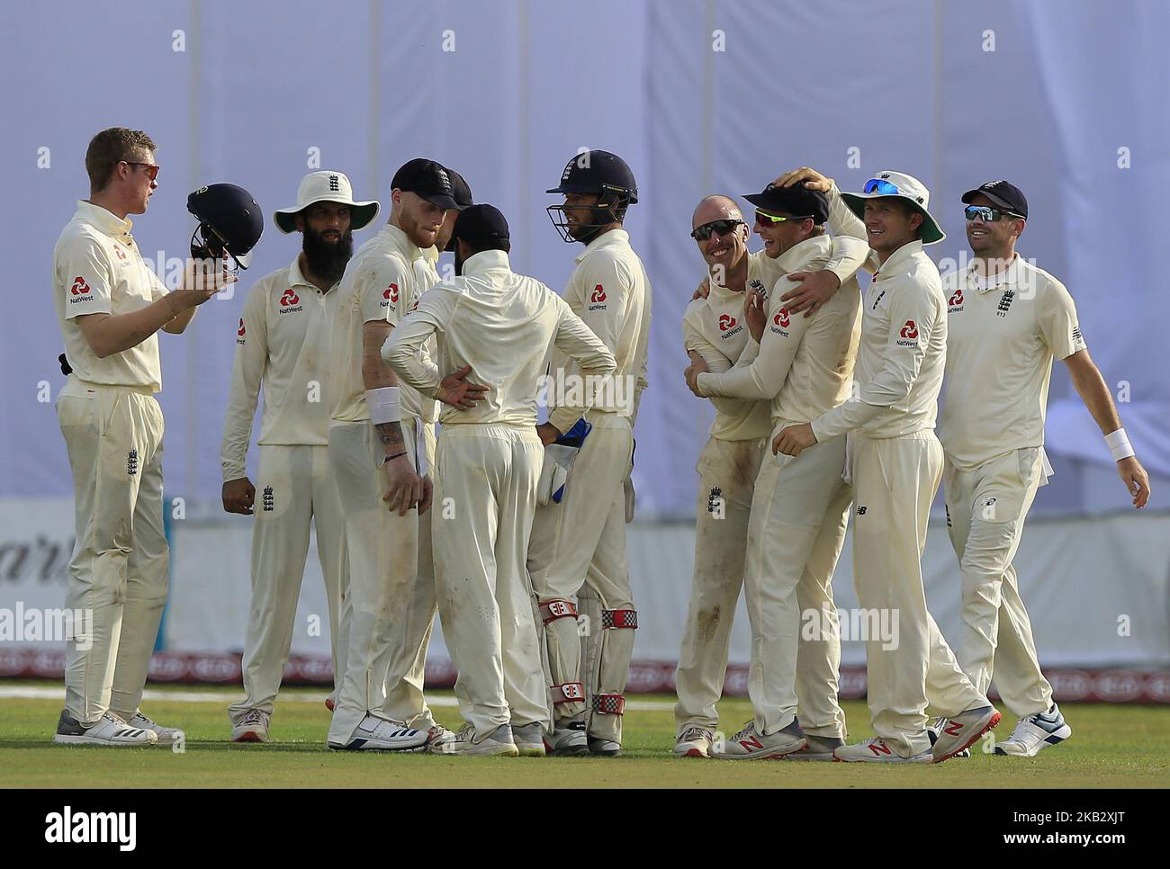 England cricketer Jack Leach celebrates with his teammates during the ...