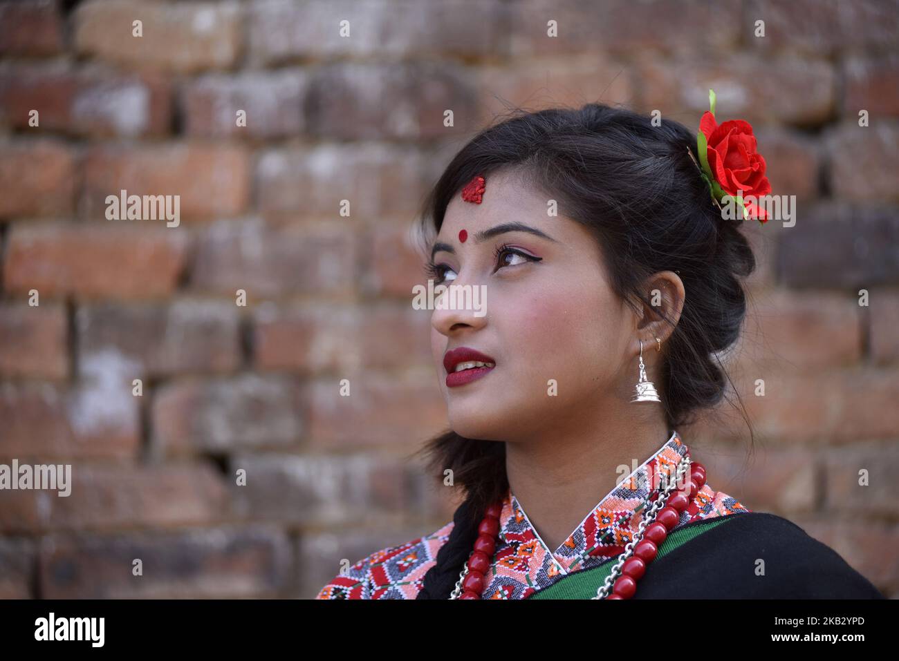 A Portrait of Newari girl in a traditional attire during the parade of ...