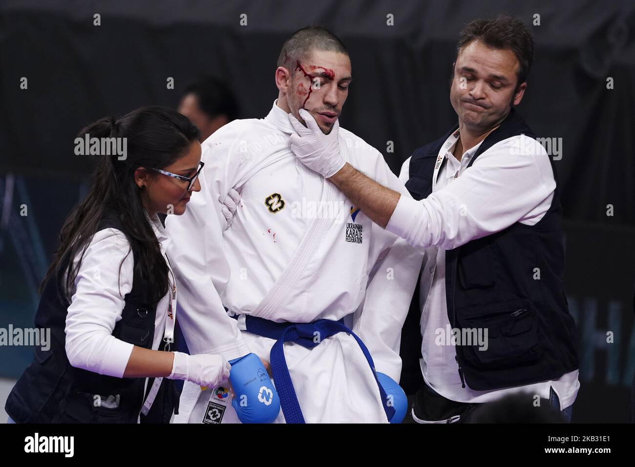 Male karate fight in the elimination round of Kumite by teams during ...