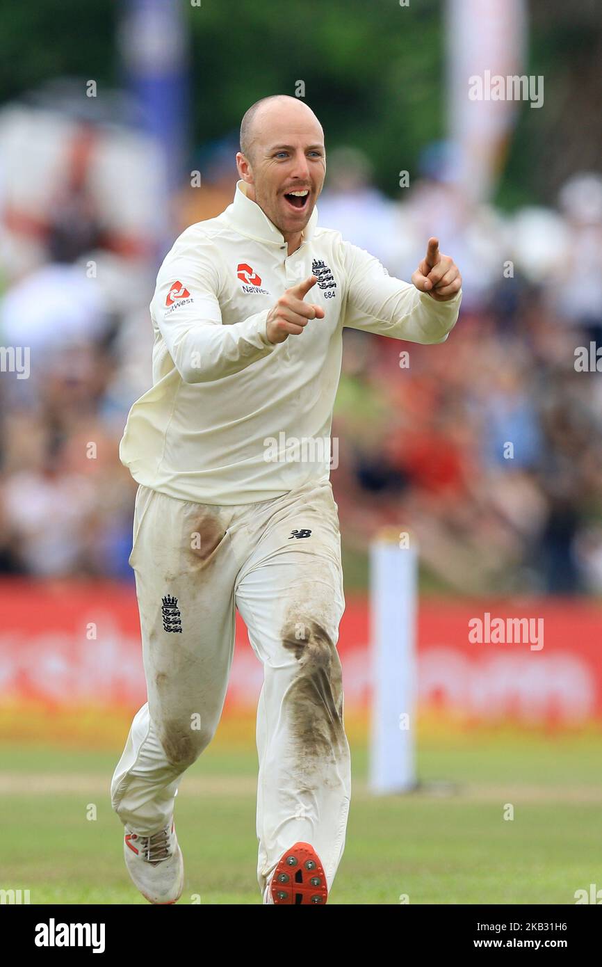 England cricketer Jack Leach celebrates after taking a wicket during ...