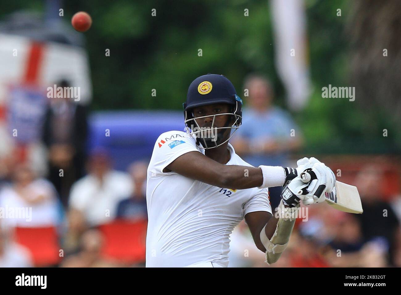 Sri Lankan cricketer Angelo Mathews plays a shot during the 4th day's ...