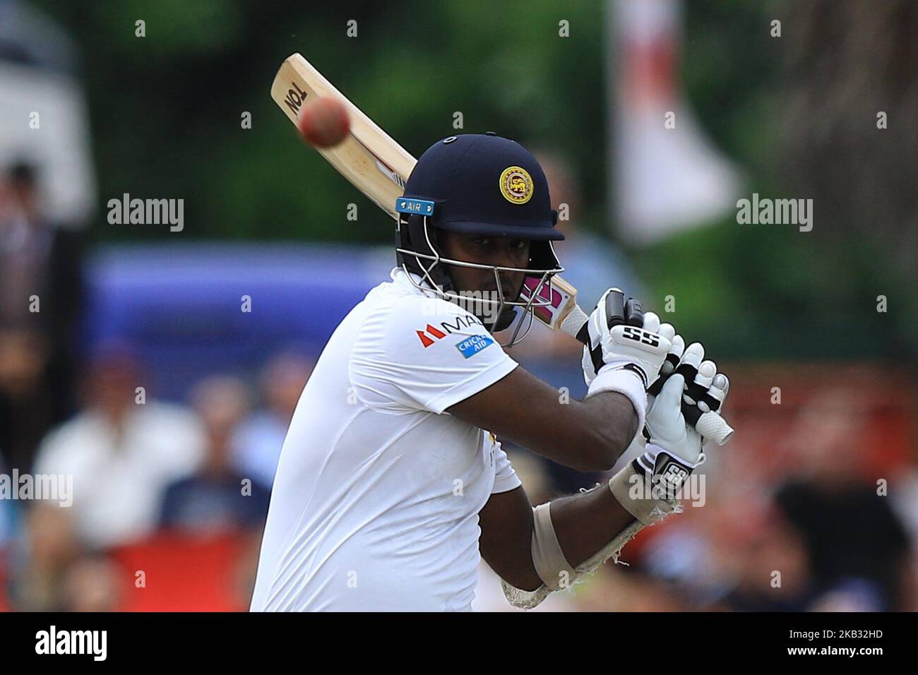 Sri Lankan cricketer Angelo Mathews plays a shot during the 4th day's ...