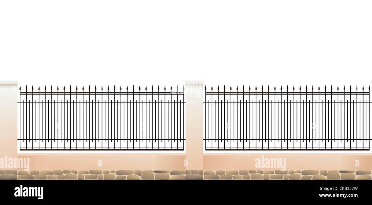 Wrought iron fence with plastered brick pillars and stone foundation ...