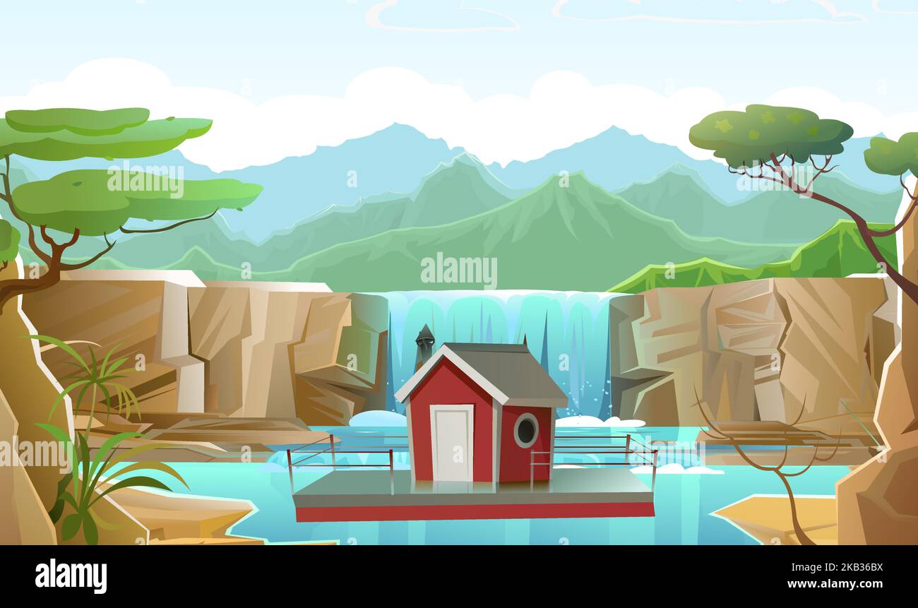 Floating house. Near waterfall. Dwelling with small courtyard on water ...
