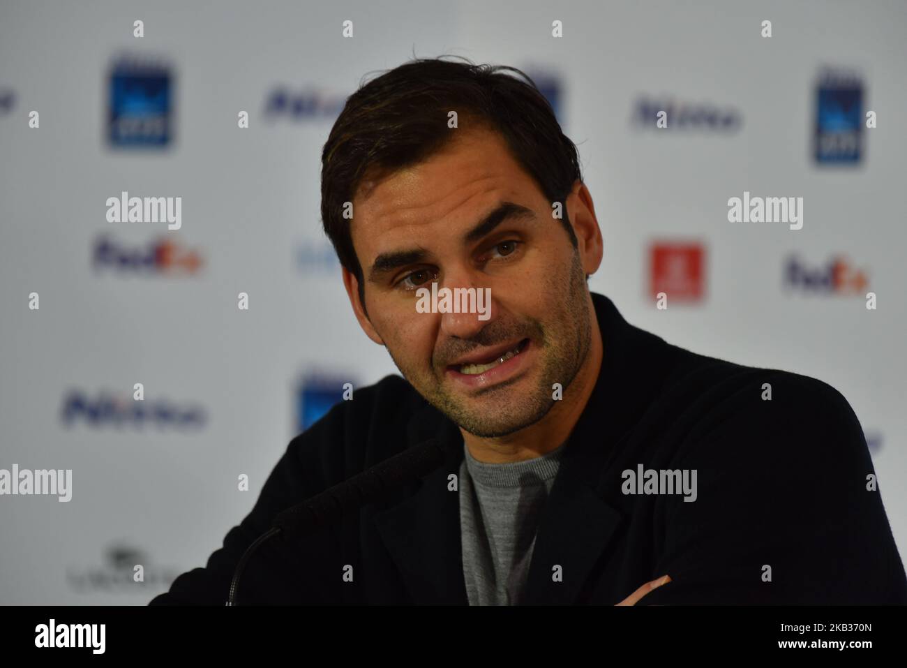 Roger Feder of Switzerland attends the press conference, on day 5 of ...