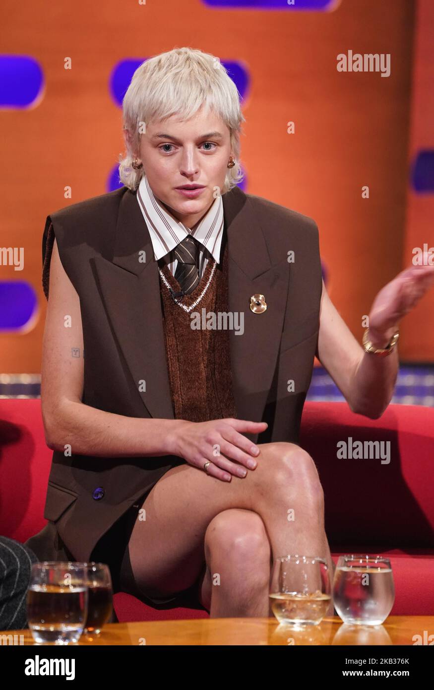 EDITORIAL USE ONLY Emma Corrin during the filming for the Graham Norton ...