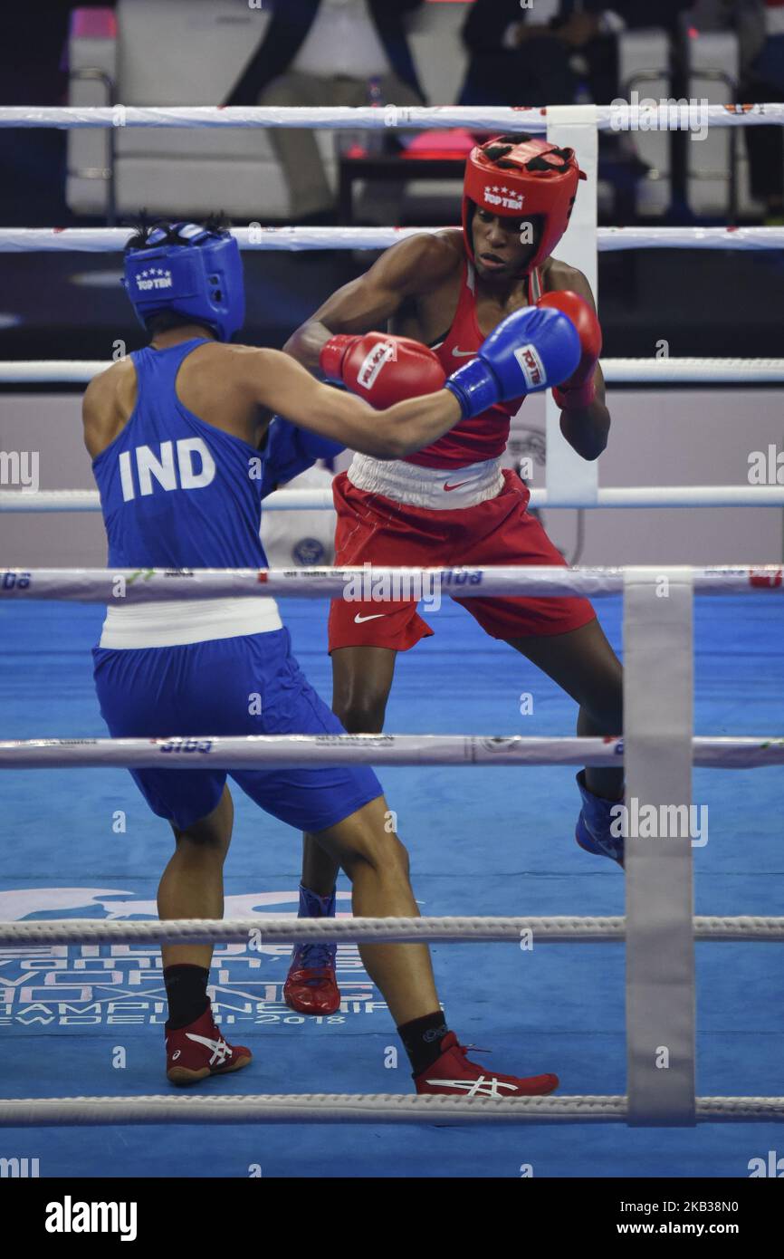 Indian boxer Lovlina Borgohain (in Red) after her bout against Panama’s ...