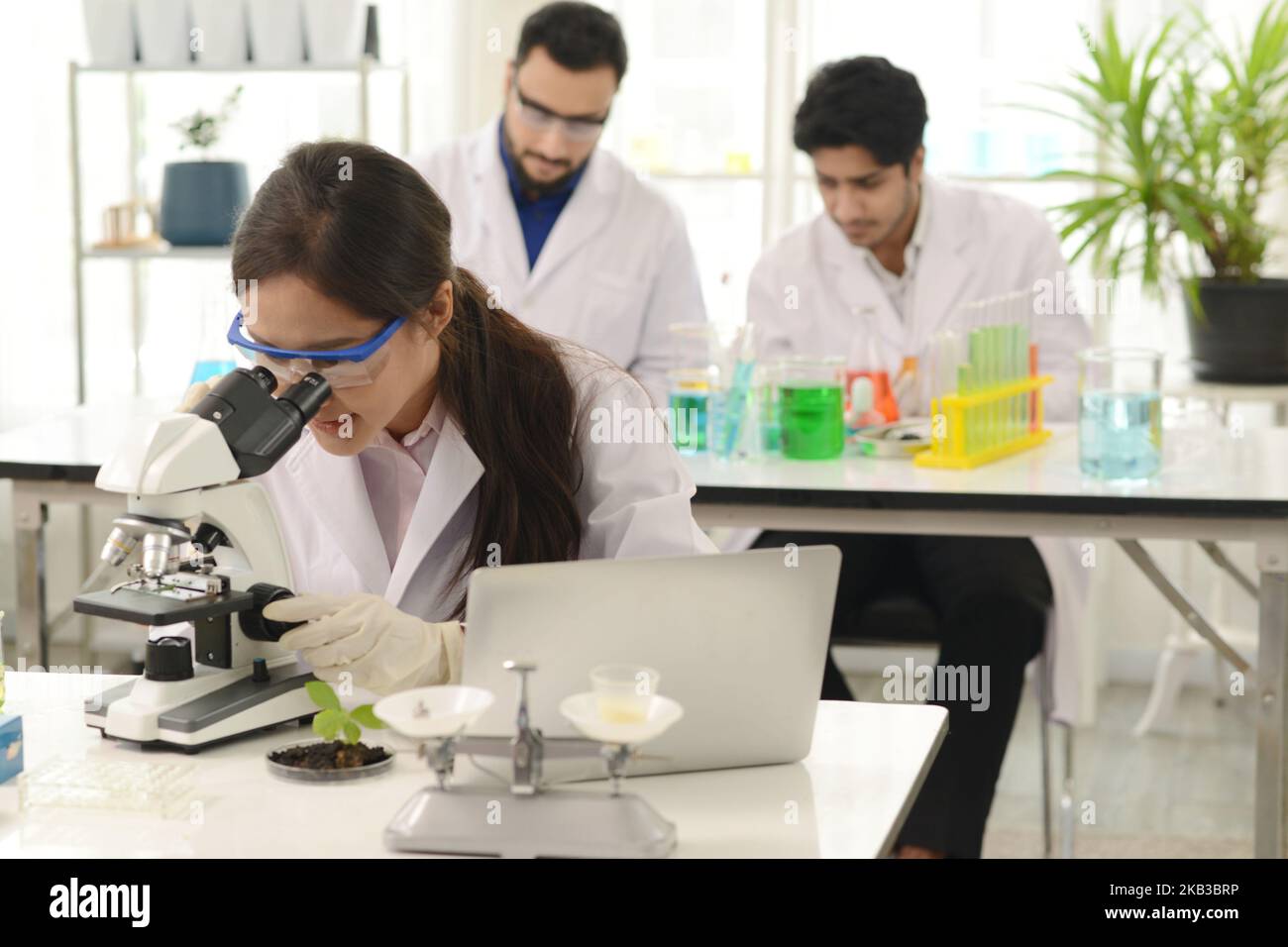 A group of male and female medical researchers working with microscopic ...