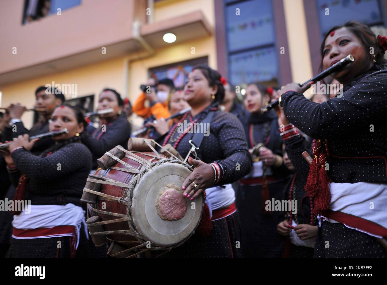 Nepalese people playing traditional instruments during the celebration ...