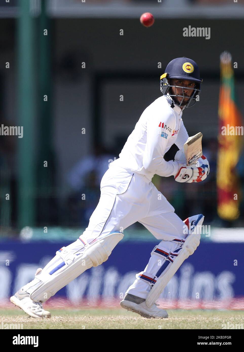 Sri Lankan cricketer Dananjaya de Silva plays a shot during the 2nd day ...