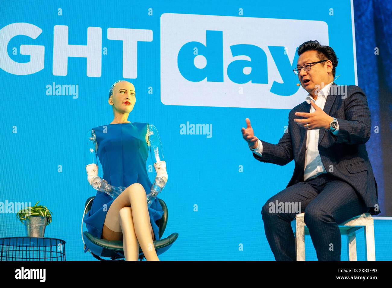 David Chen (R) of Hanson Robotics and Robot Sophia (C), a Hanson ...
