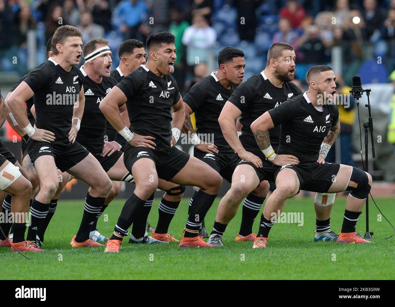 TJ Perenara of the All Blacks leads the haka during the International ...